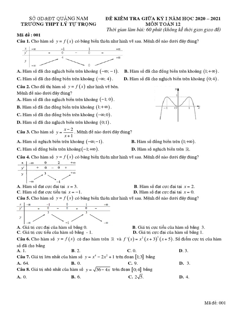 De Thi Giua hk1 Toan 12 Nam 2020 2021 Truong THPT Ly Tu Trong Quang Nam | PDF