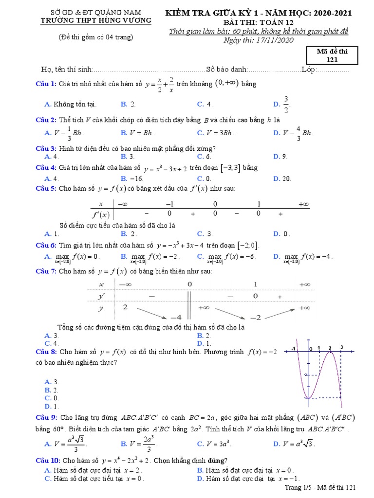 De Thi Giua hk1 Toan 12 Nam 2020 2021 Truong THPT Hung Vuong Quang Nam | PDF