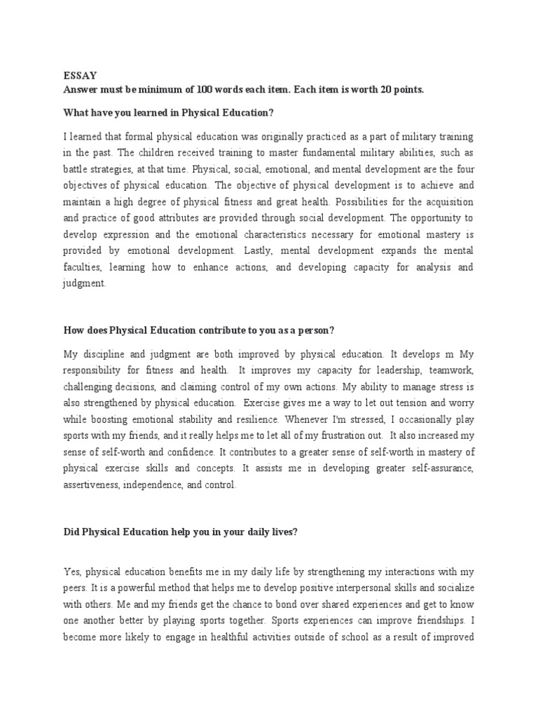 ESSAY in PE | PDF | Physical Education | Physical Fitness