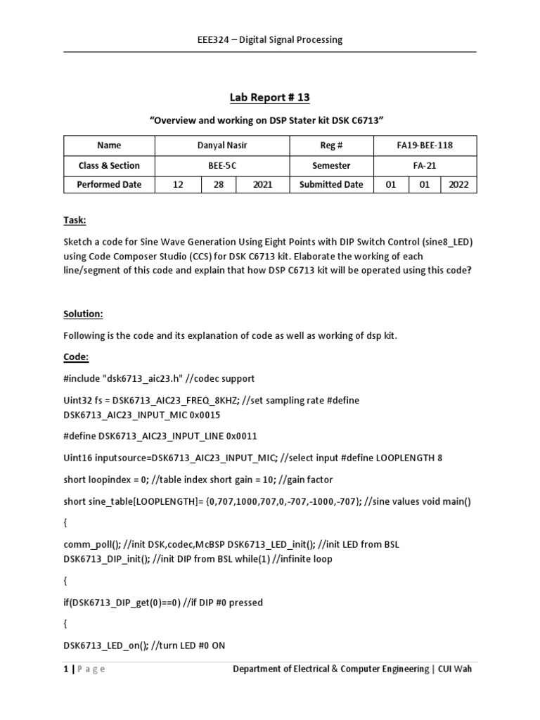 Lab Report # 13: "Overview and Working On DSP Stater Kit DSK C6713" | PDF | Sampling (Signal ...