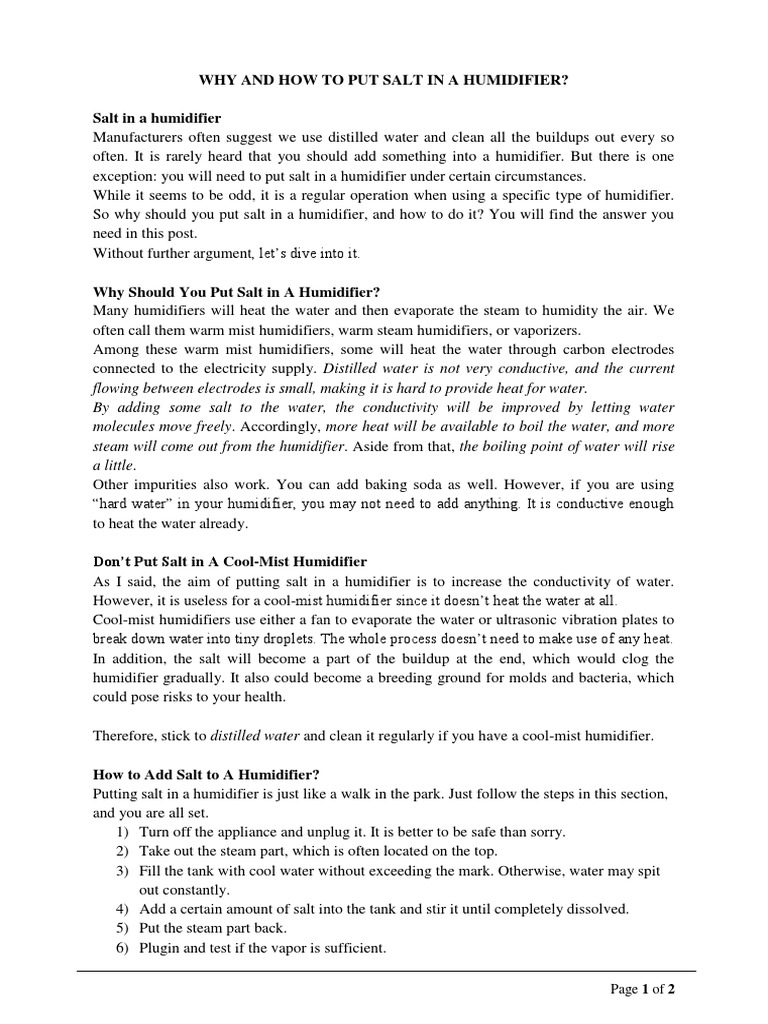 Why and How To Put Salt in A Humidifier | PDF | Water | Steam