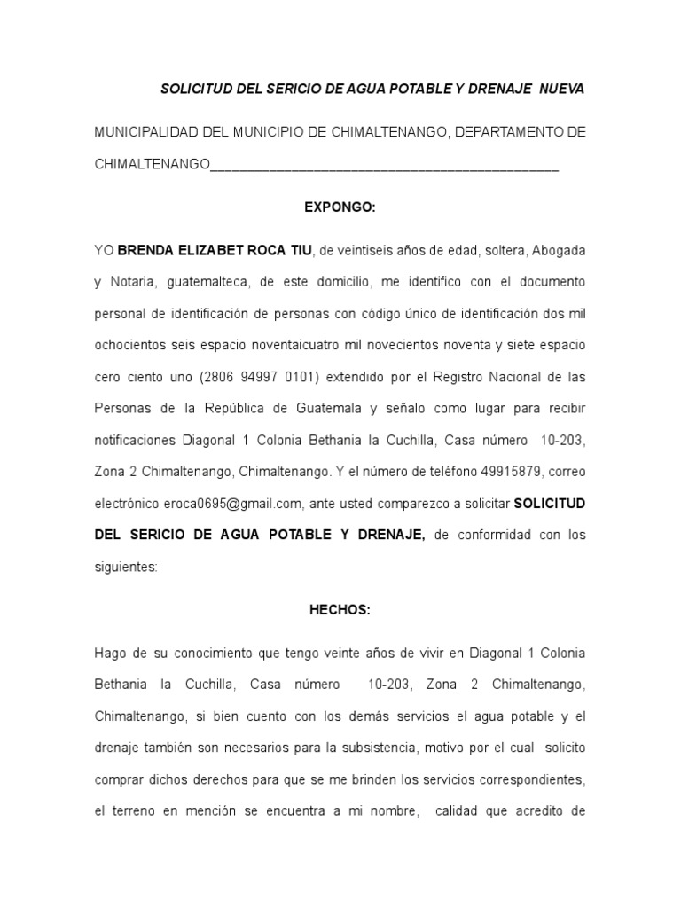 Escrito de Solicitud de Agua Potable y Drenaje | PDF | Guatemala | Justicia