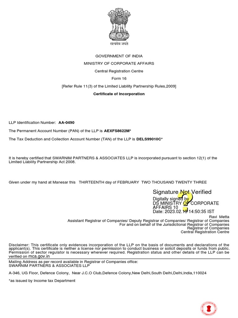 Form 16 Certificate of Incorporation LLP | PDF | Limited Liability ...