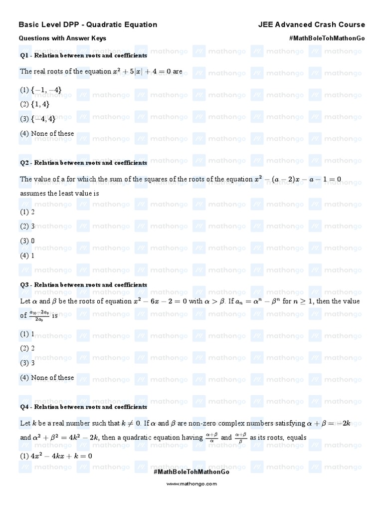 Basic Level DPP Quadratic Equation Question Mathongo | PDF | Quadratic Equation | Equations