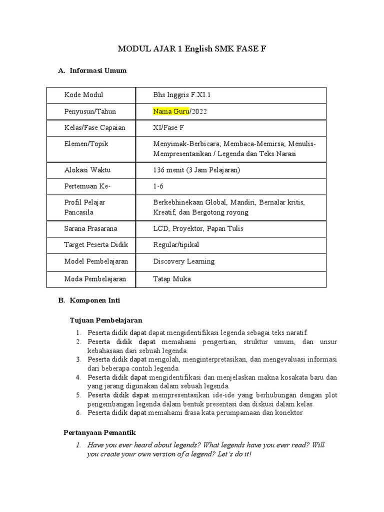 Modul Ajar - English - SMK-XI - Unit 1 | PDF