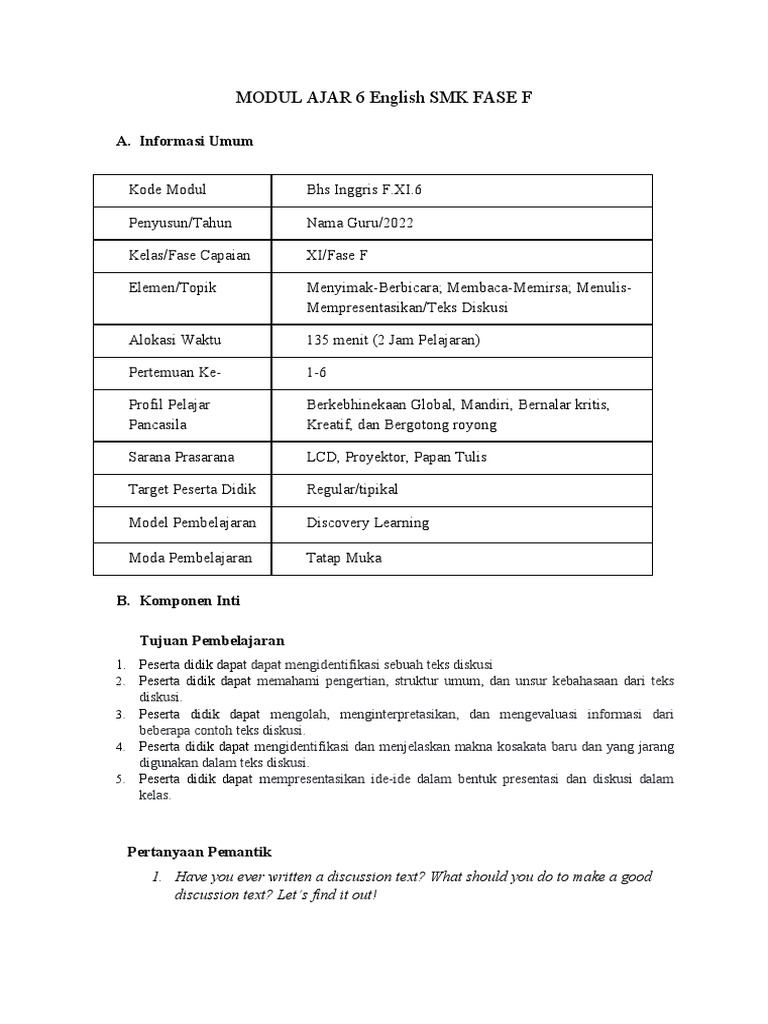 Modul Ajar - English - SMK-XI - Unit 6 | PDF