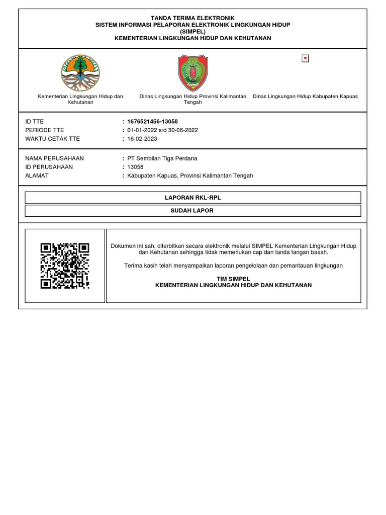 Tanda Terima Laporan RKL-RPL PT Sembilan Tiga Perdana | PDF