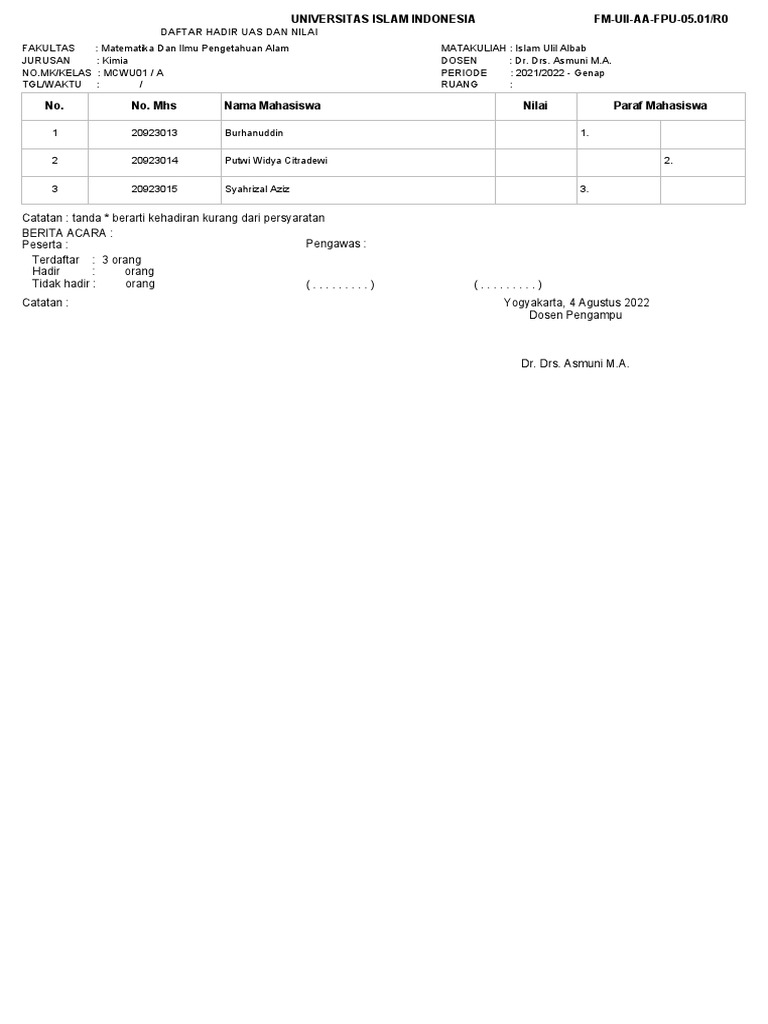 Form Penilaian UAS Islam Ulil Albab | PDF