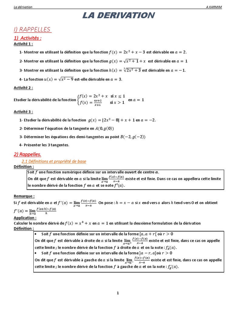 Dérivation et Dérivabilité des Fonctions | PDF | Tangente (géométrie ...
