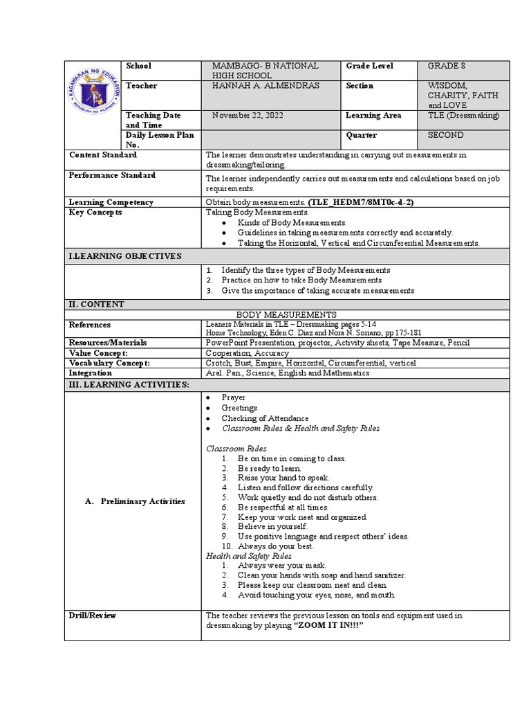Lesson Plan TLE 8 Dressmaking | PDF | Clothing | Measurement