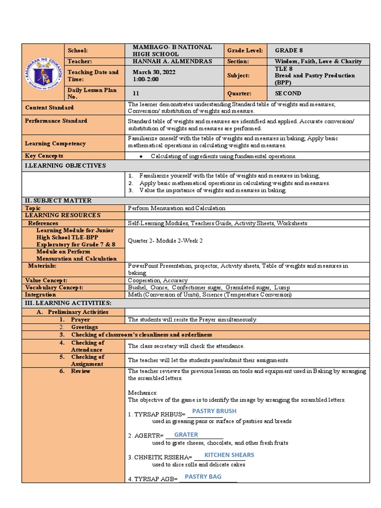 LP-COT-1-TLE-BPP-8-2021-2022-Perform Mensuration and Calculation | PDF | Cakes | Teaspoon