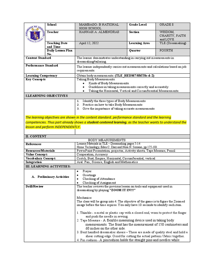 Grade 8 TLE Dressmaking Lesson Plan | PDF | Clothing | Learning