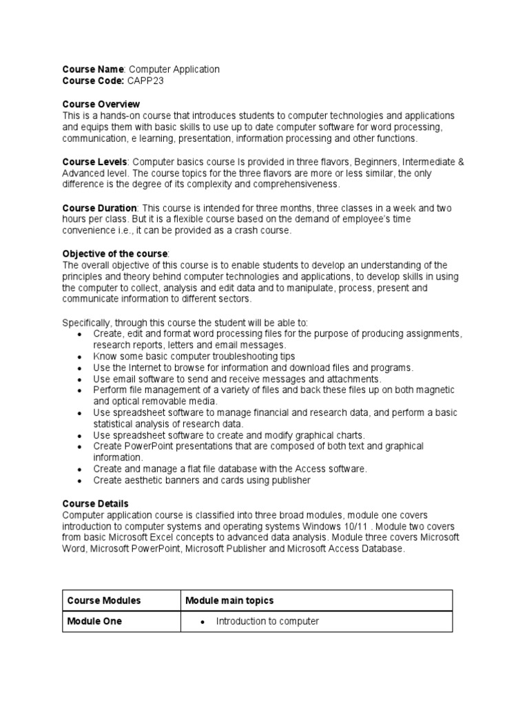 Computer Application Course | PDF | Microsoft Excel | Application Software