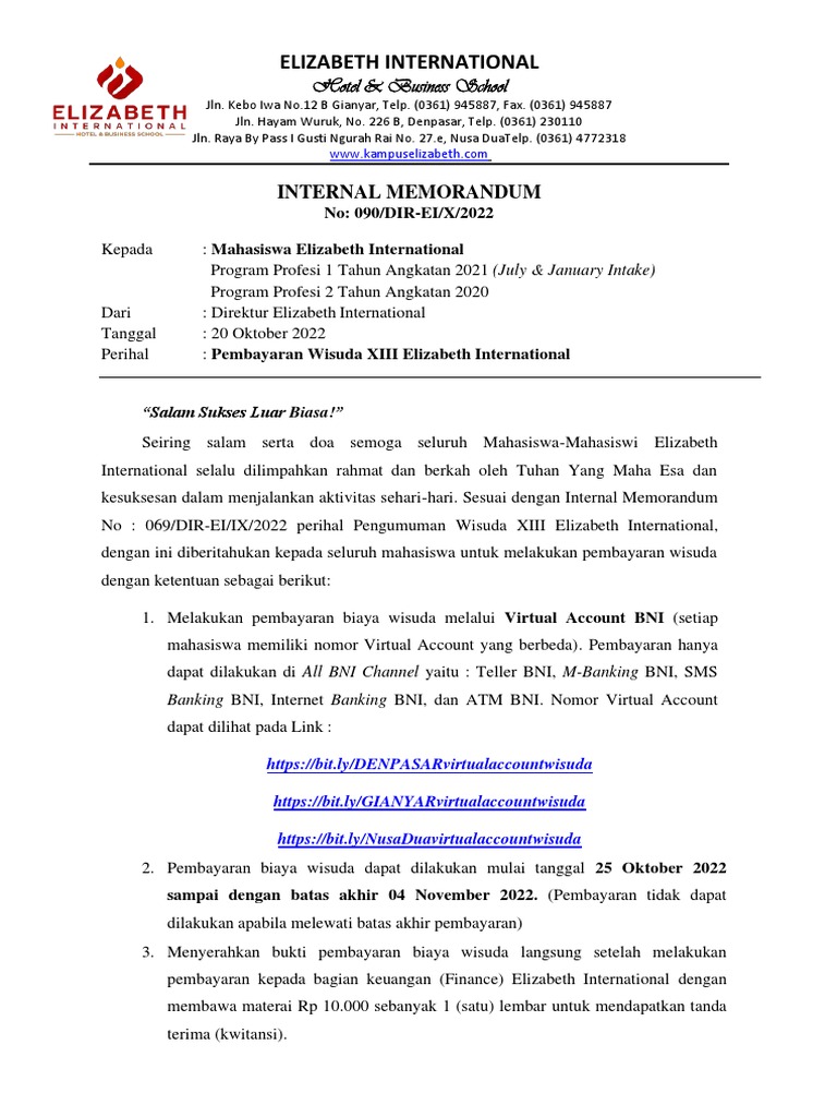 Internal Memorandum - Pembayaran Wisuda XIII - Elizabeth International | PDF