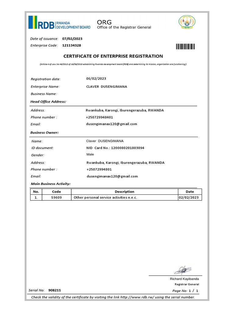 RDB Certificate for CLAVER DUSENGIMANA | PDF | Value Added Tax | Taxes