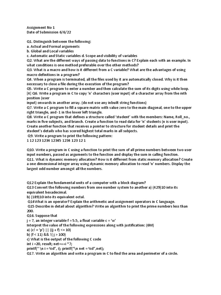 Assignment Pdf C Programming Language Parameter Computer Programming 