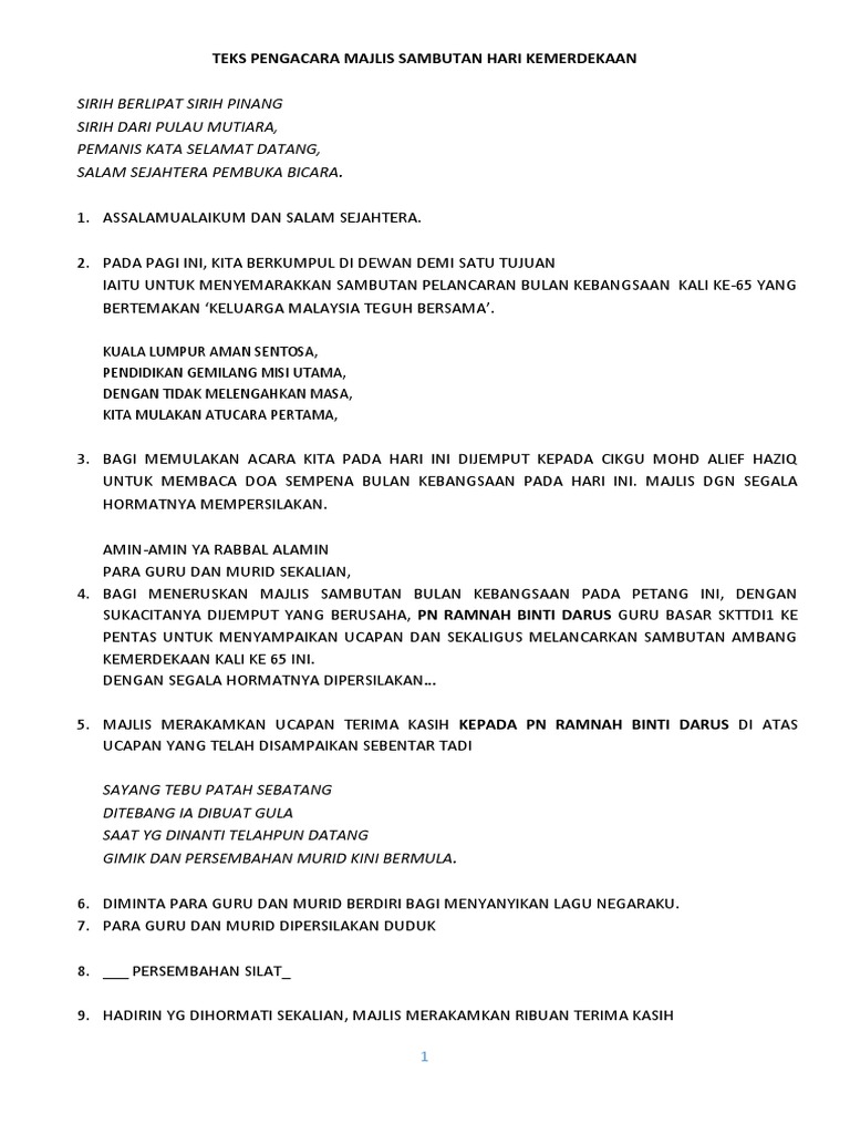 Teks Pengacara Majlis Sambutan Hari Kemerdekaan | PDF