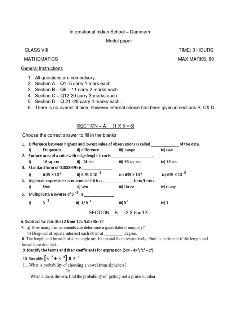 Class 8 Model Paper | PDF | Cartesian Coordinate System | Area