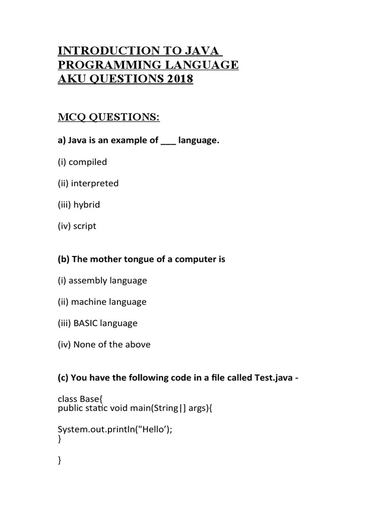 INTRODUCTION TO JAVA Question With Answer 2018 | PDF | Java Virtual Machine | Method (Computer ...