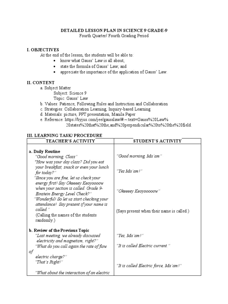 Gauss' Law Lesson Plan for Grade 9 | PDF | Physics | Physical Sciences