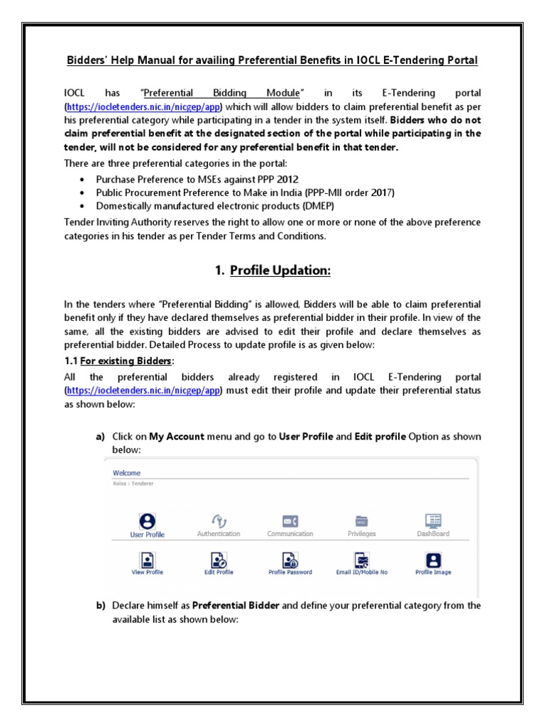 IOCL E-Tendering: Preferential Bidding Guide | PDF | Procurement | Business