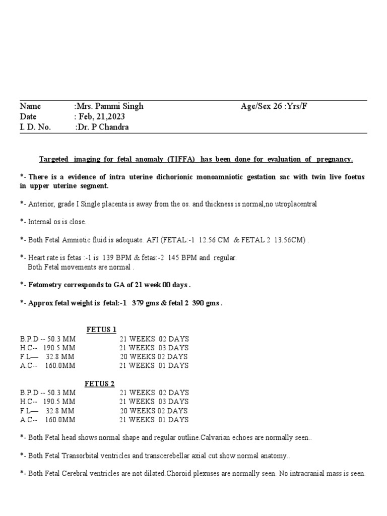 Prenatal ultrasound report of dichorionic monoamniotic twin pregnancy ...