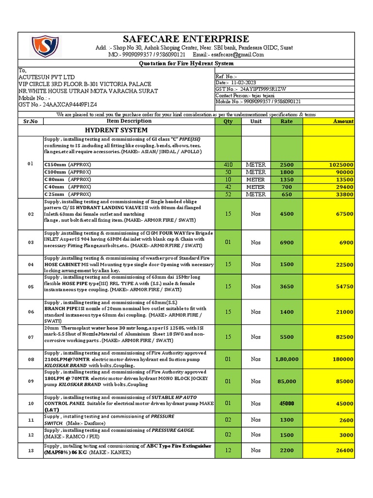 Fire Hydrant System Quotation Estimate | PDF | Pipe (Fluid Conveyance ...