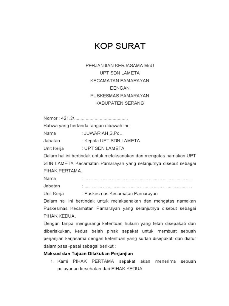 Contoh Mou Dengan Puskesmas Pdf