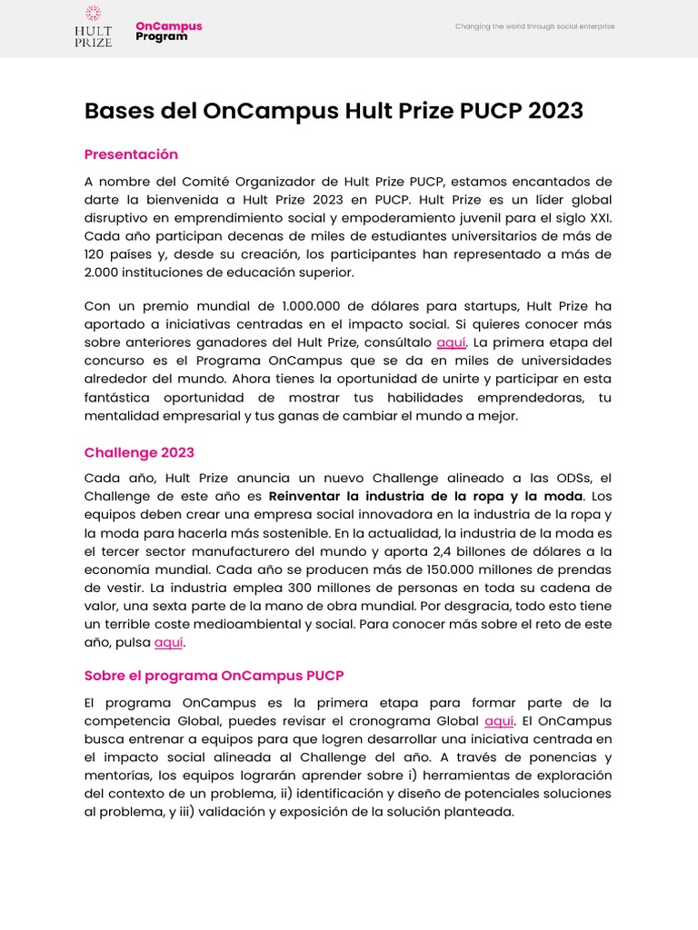OnCampus Hult Prize PUCP 2023 | Descargar gratis PDF | Economias | Business