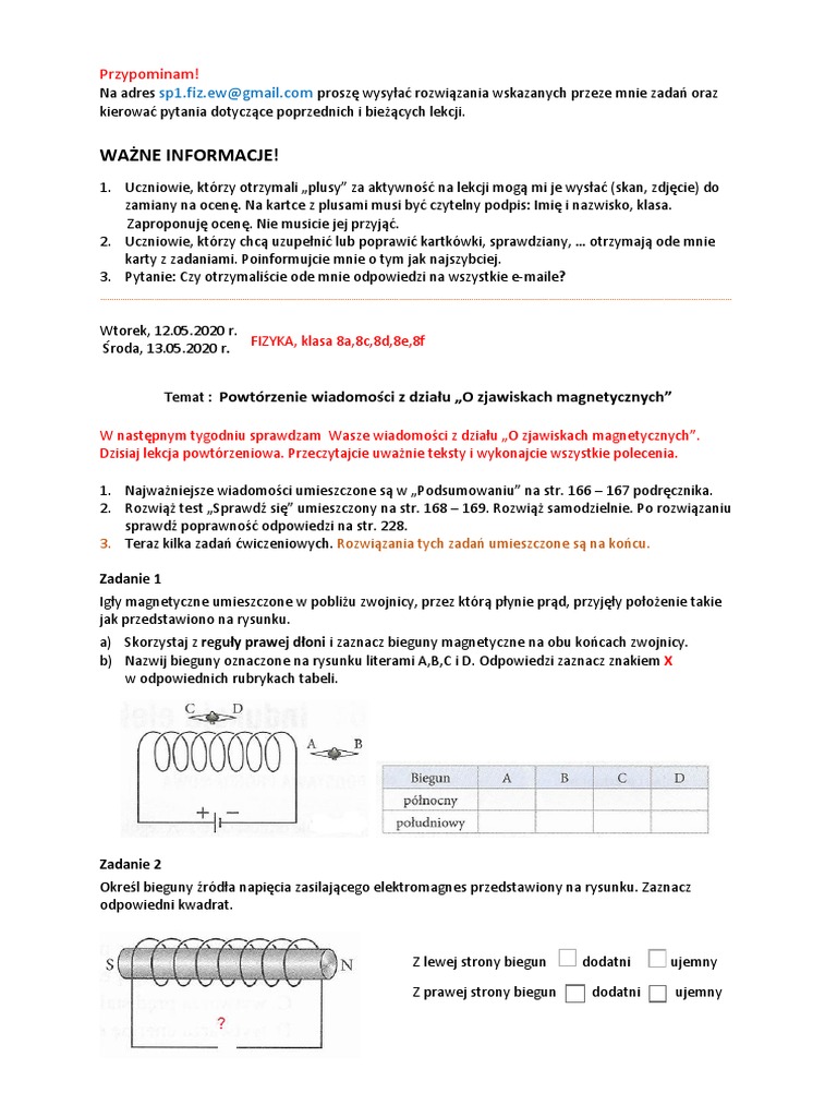 FIZYKA, Klasa 8a, 8c, 8d, 8f (11-15) Maja 2020 R. | PDF