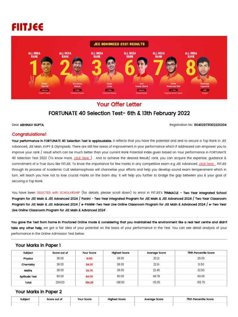 FIITJEE Offer Letter for JEE Programs | PDF | Fee | Cheque