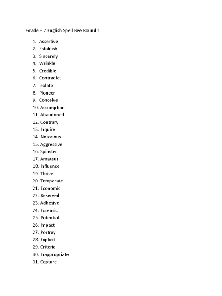 Grade 7 Spellings Round 1 | PDF
