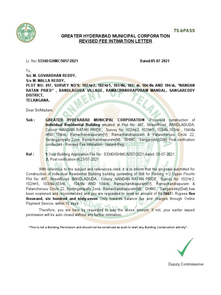 GHMC Revised Fee Intimation Letter | PDF | Government