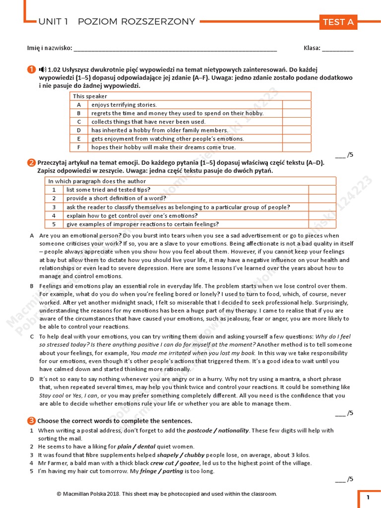 U1 Test PR A | PDF | Emotions | Subjective Experience