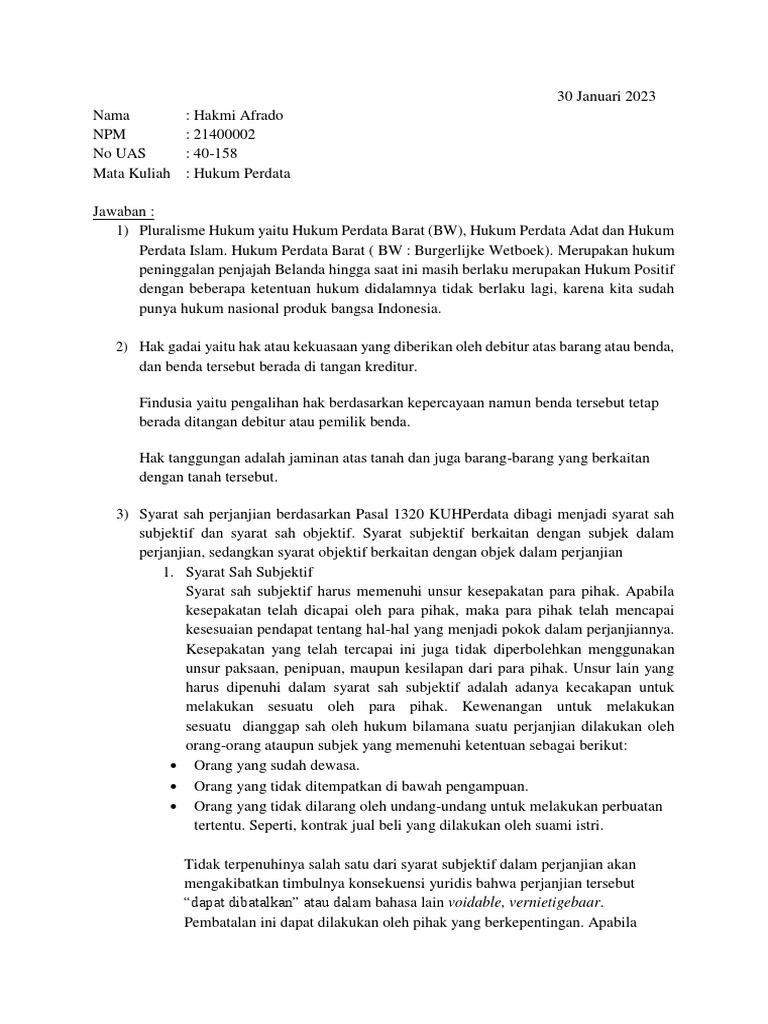 Lembar Jawaban UAS Hukum Perdata-Hakmi Afrado-21400002-Uas-40-158 | PDF ...