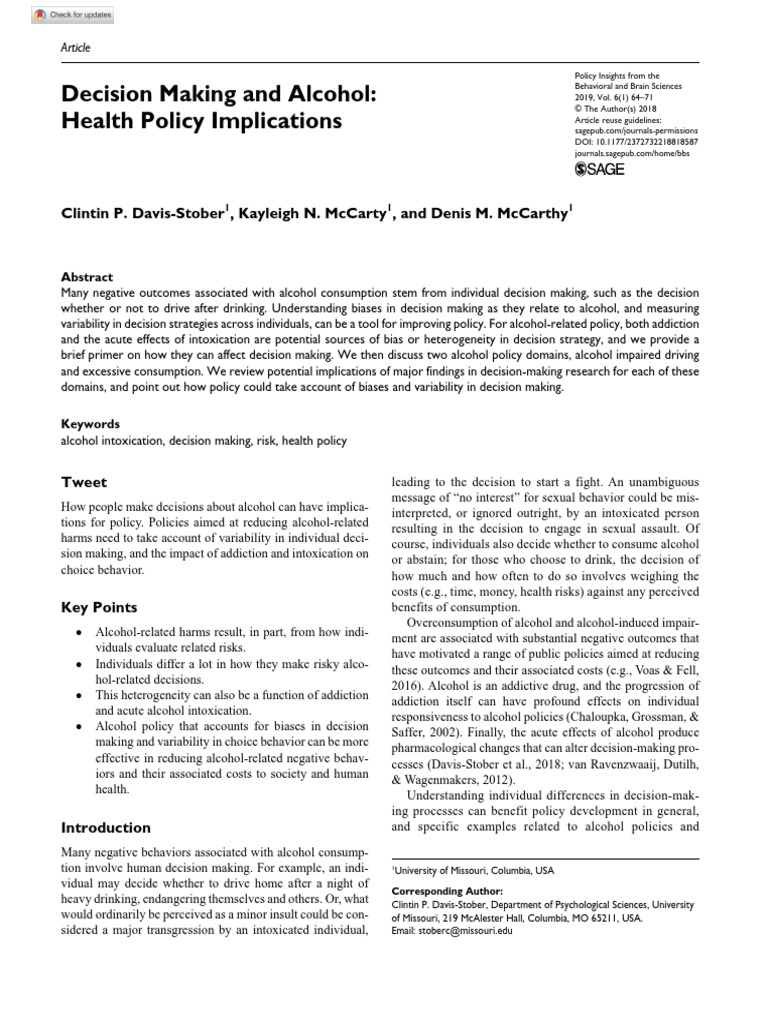Decision Making and Alcohol Health Policy Implications, Clintin, P ...