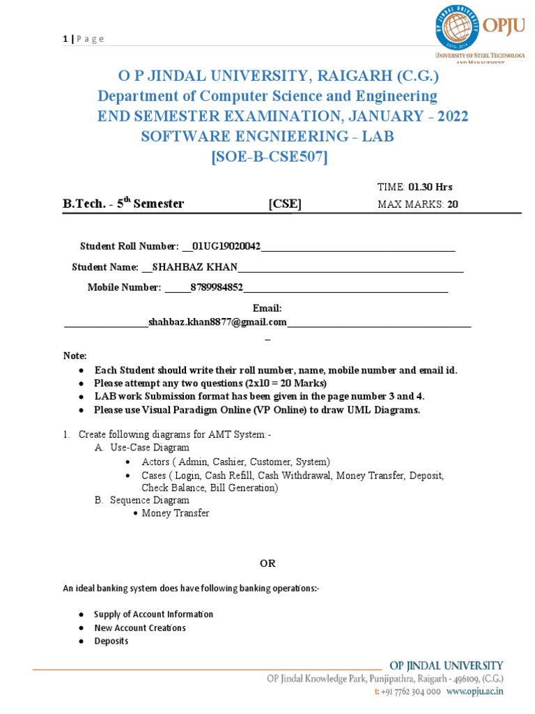 SW - ENG - Lab - Exam - QP Shahbaz Khan | PDF | Automated Teller Machine | Use Case