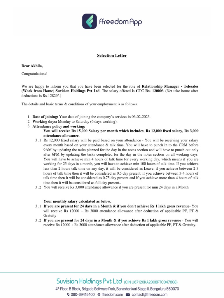 Selection Letters 279403 1367625 | PDF | Salary | Tax Deduction