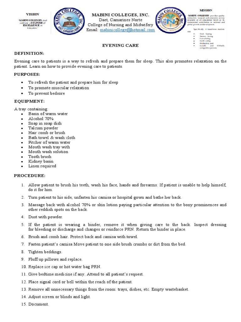 Evening Care Module and Checklist | Download Free PDF | Patient | Medicine
