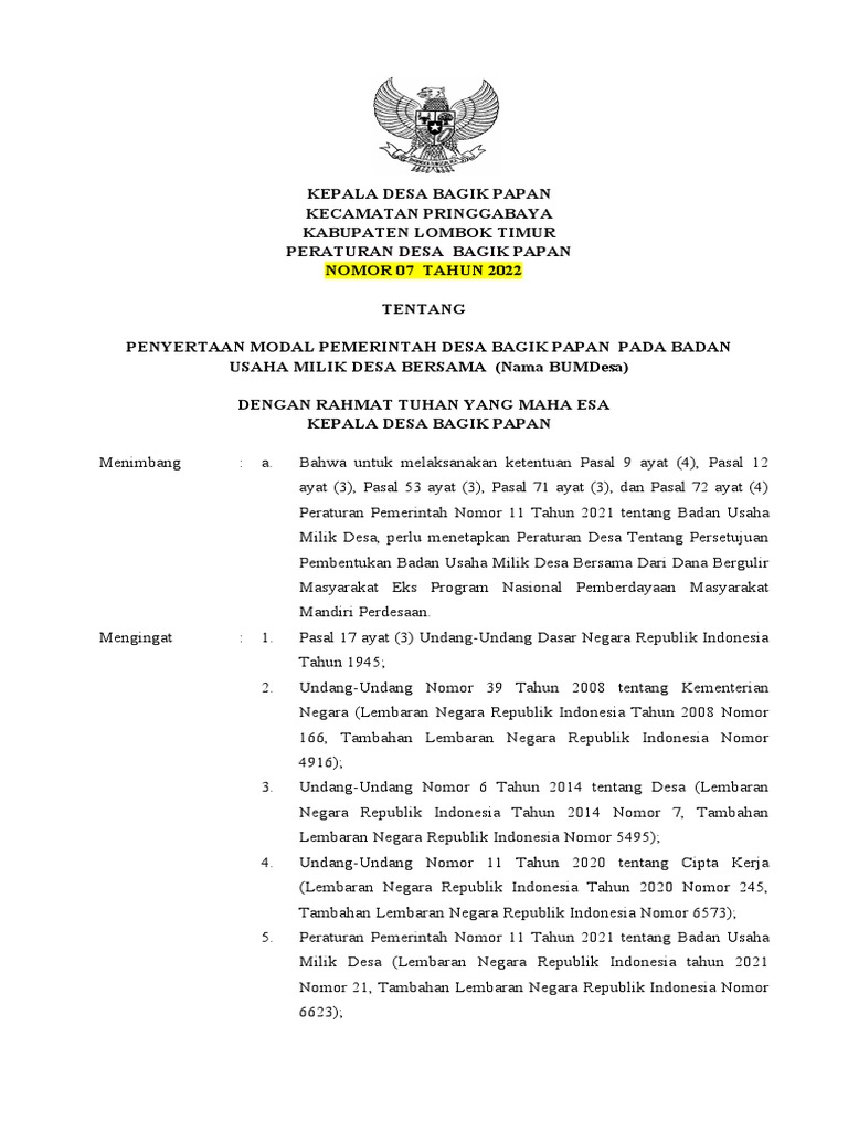 Perdes Penyertaan Modal BUMDesa | PDF