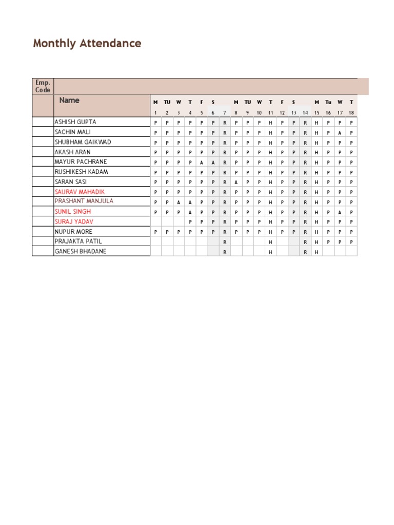 Monthly Attendance: Emp. Code | PDF