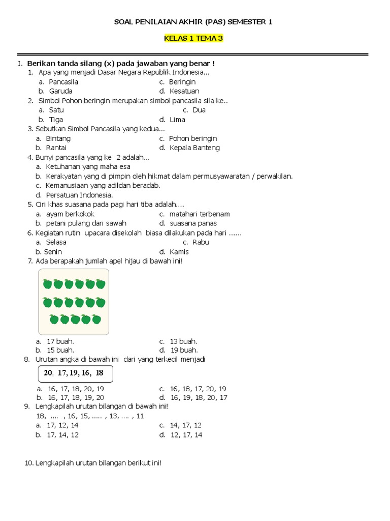 Soal PAS Kelas 1 Sem 1 - TEMA 3 | PDF