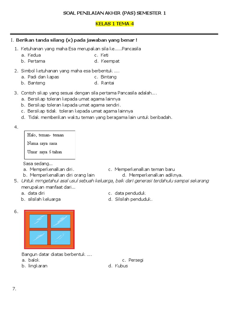 Soal PAS Kelas 1 Sem 1 - TEMA 4 | PDF