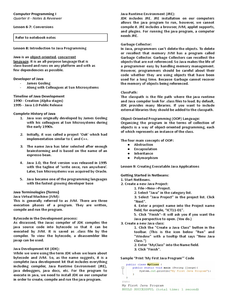 Computer Programming 1 Ncii Notes And Lesson Summary Pdf Java Programming Language Java