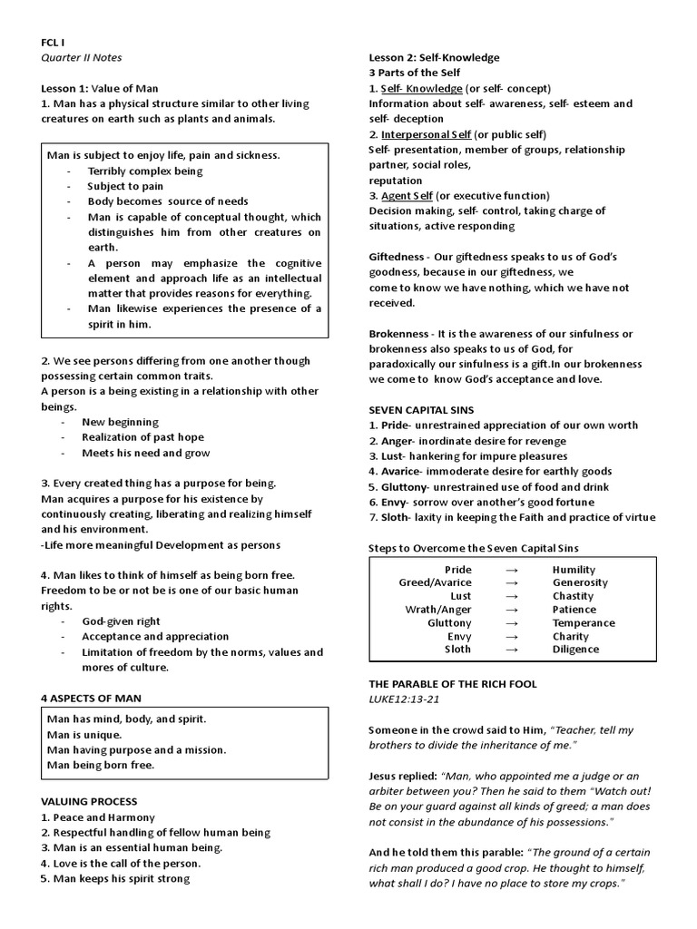 FCL 1 Notes and Lesson Summary | PDF | Seven Deadly Sins | Peace