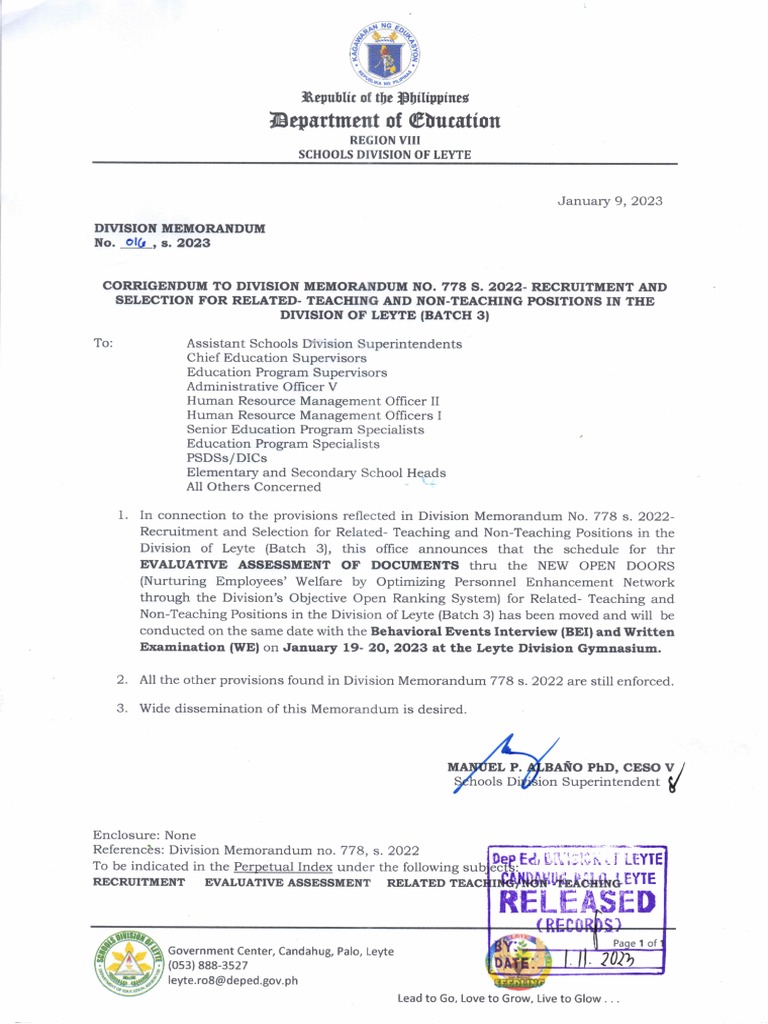 DM No. 016, S. 2023 - Corrigendum To Division Memorandum No. 778 S ...