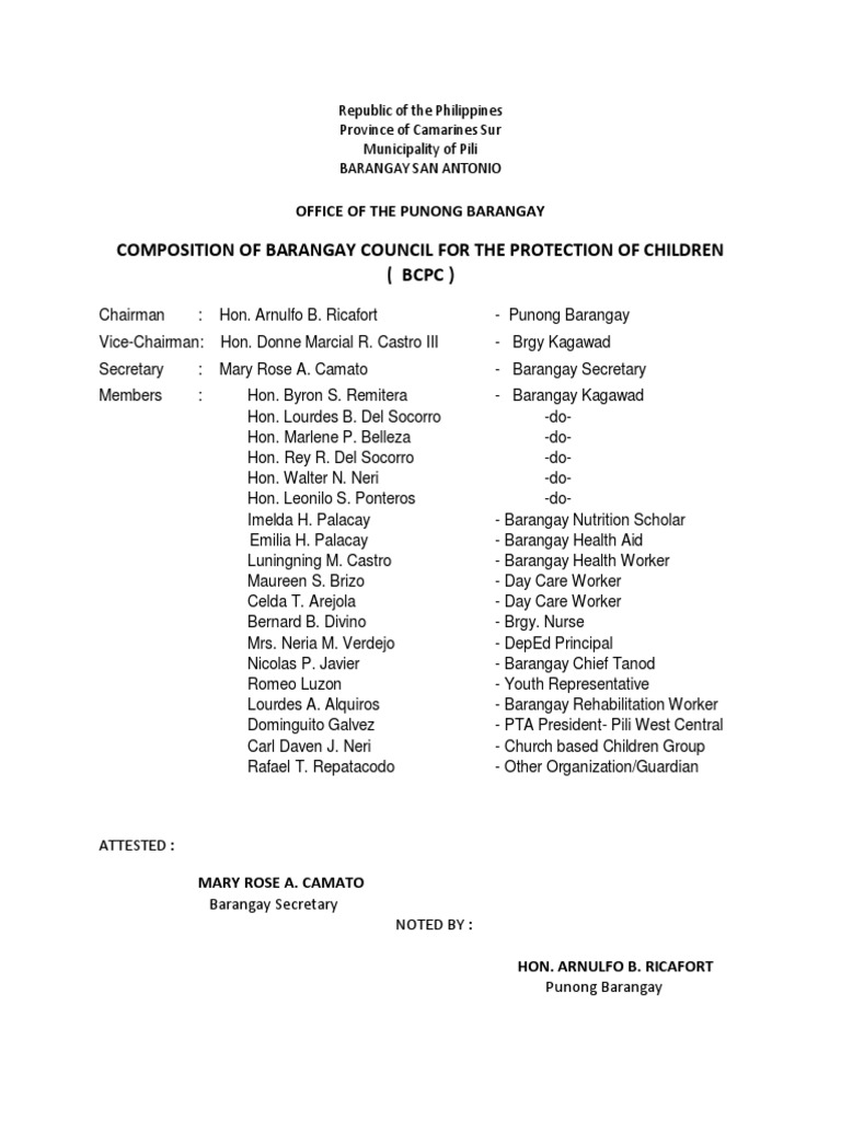 Composition of Barangay Council For The Protection of Children (BCPC) | PDF