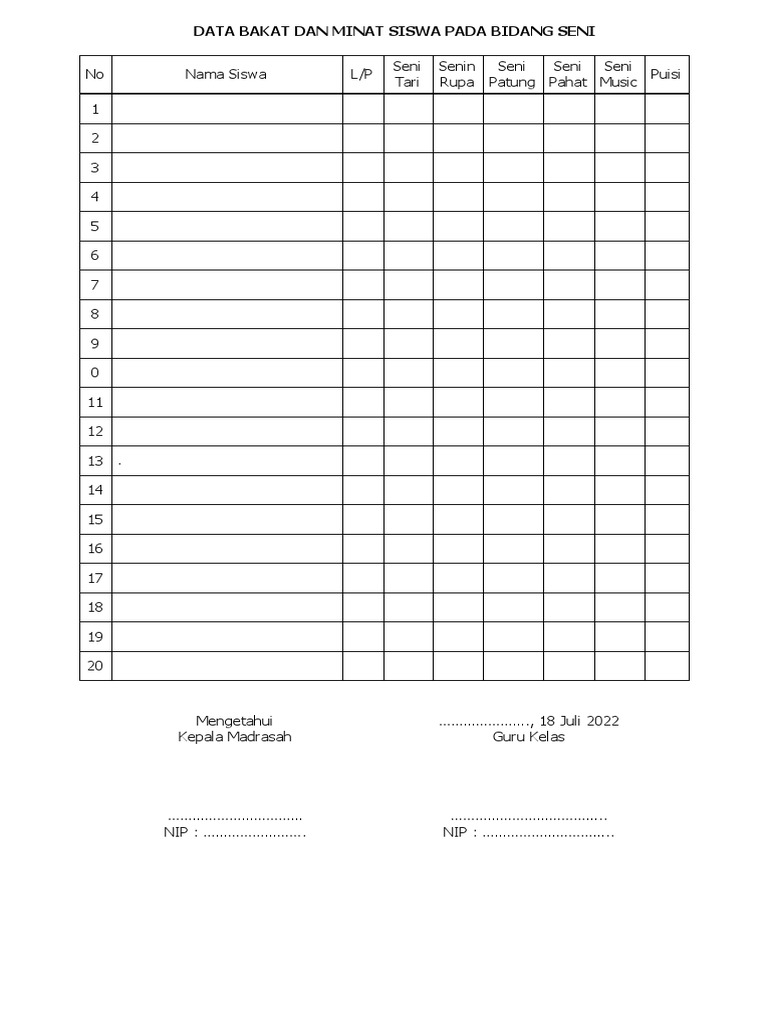 Format Data Bakat Dan Minat Siswa Pada Bidang Seni | PDF
