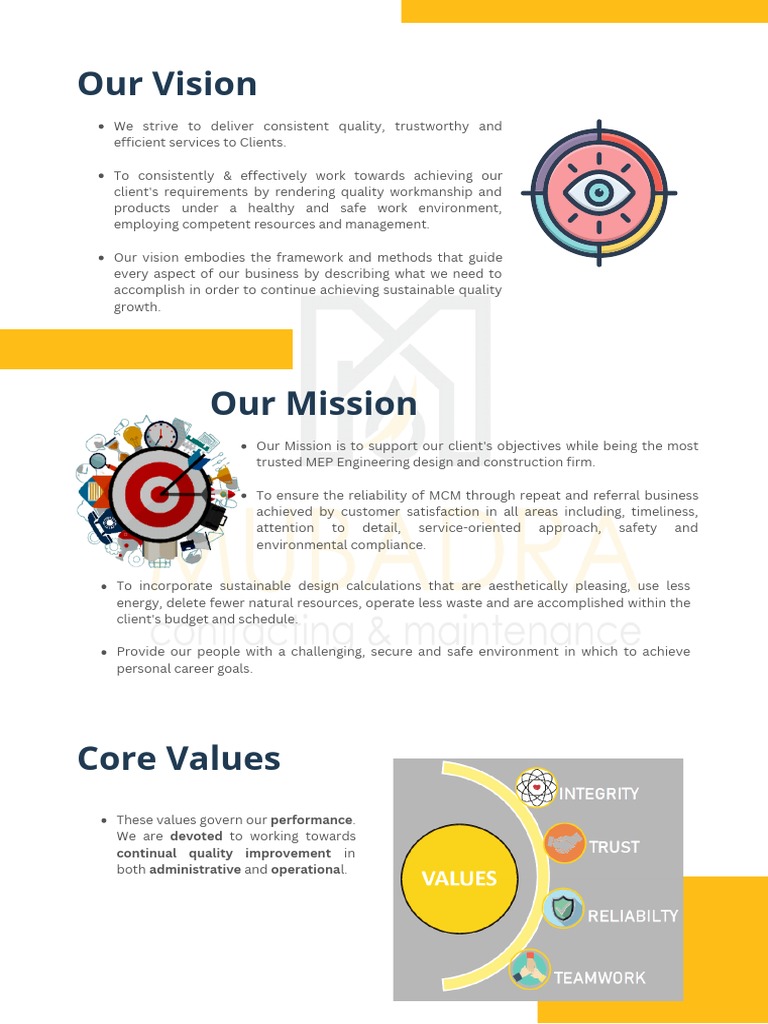 Our Vision, Mission & Core Values - Mubadra Contracting & Maintenance | PDF