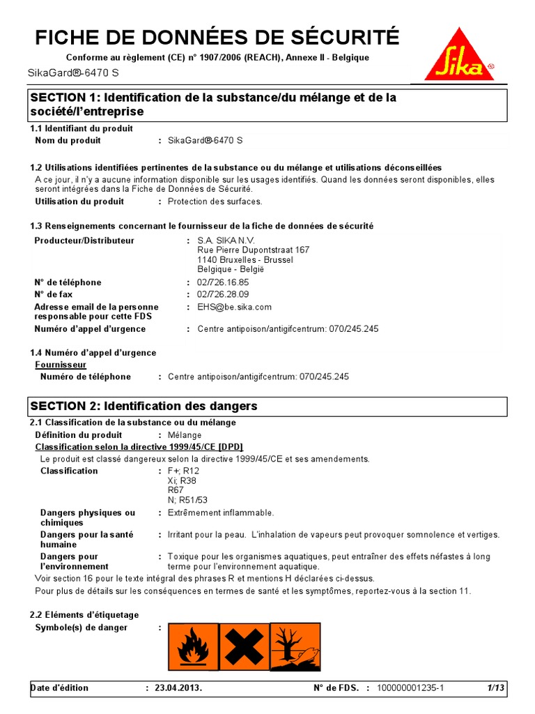 Fiche Securite Sikagard 6470S FR | Download Free PDF | Pompier ...